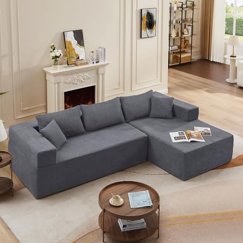 FANYE L-Shape Modular Sectional Sofa with Wide Left Chaise, Modern Living Room Sleeper Upholstered Foam Couch for Home Apartment, 2 PC Free Combination Higher Seat Cloud Sofa&Couch W/5 Pillows, Grey