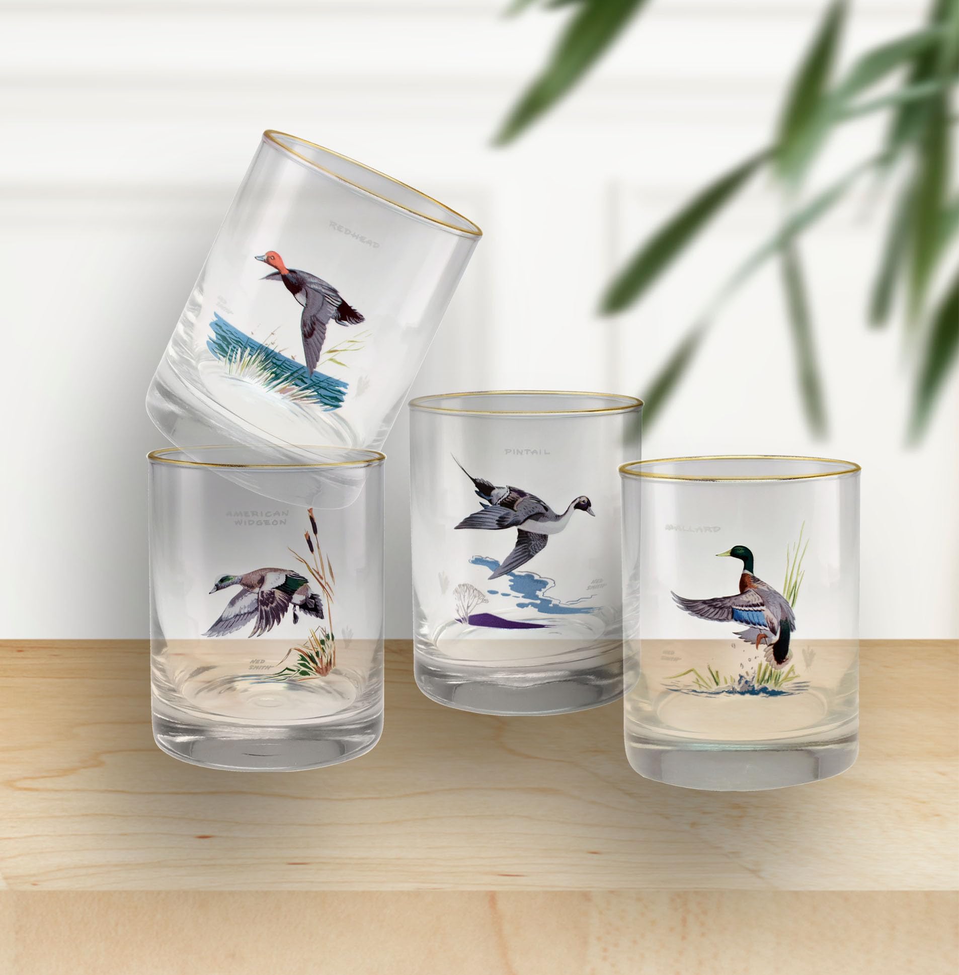 Culver Ned Smith 22k Gold Rim Waterfowl DOF Double Old-Fashioned Glasses, 13.5-Ounce, Assorted Set of 4