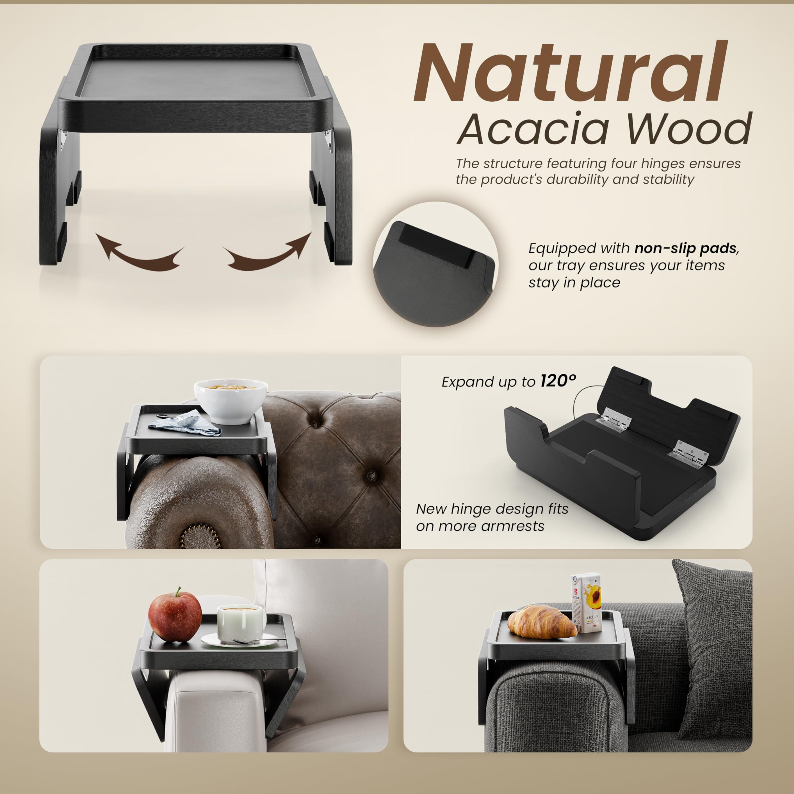 HOLANA Acacia Wood Sofa Armrest Tray -Double Hinge Sofa Arm Tray Table Clip - Couch Arm Table - Wooden Side Tables for Small Spaces for Eating and Drink (Classic, Black)