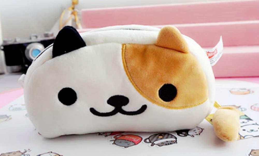 GK-O Cute Cat Plush Pencil Case Pen Bag Cartoon Make Up Cosmetic Bag (White Yellow)