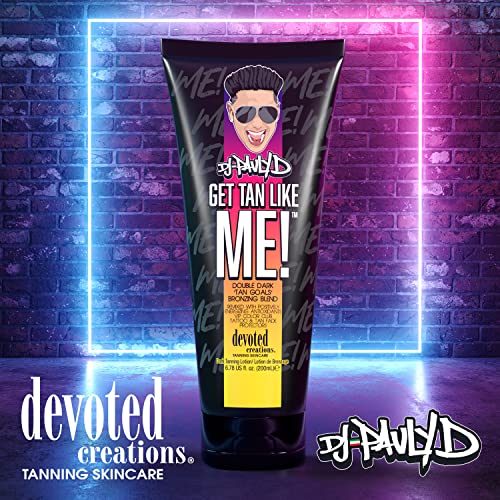 Devoted Creations DJ Pauly D Get Tan Like Me! Dark Tanning Lotion – Double Dark ‘Tan Goals’ Bronzing Blend – Remixed with Positively Energizing Antioxidants VIP Color Club Tattoo and Tan Fade Protectors – 6.78 oz.