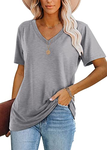 Lunivop Womens Tops V Neck Short Sleeve Tshirts Loose Solid Color Basic Tees for Summer Grey XL