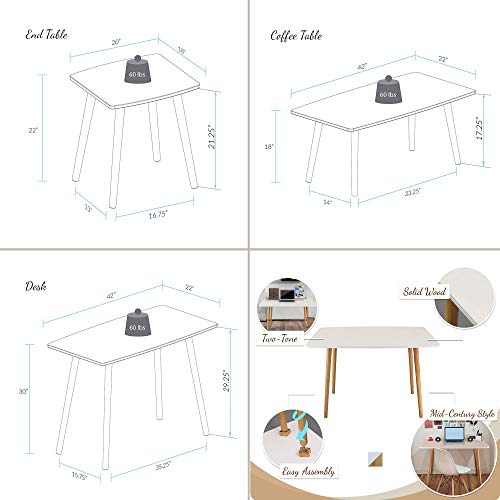 Casual Home Ezly Mid-Century Style Wooden Desk, White Top, Natural Maple Legs