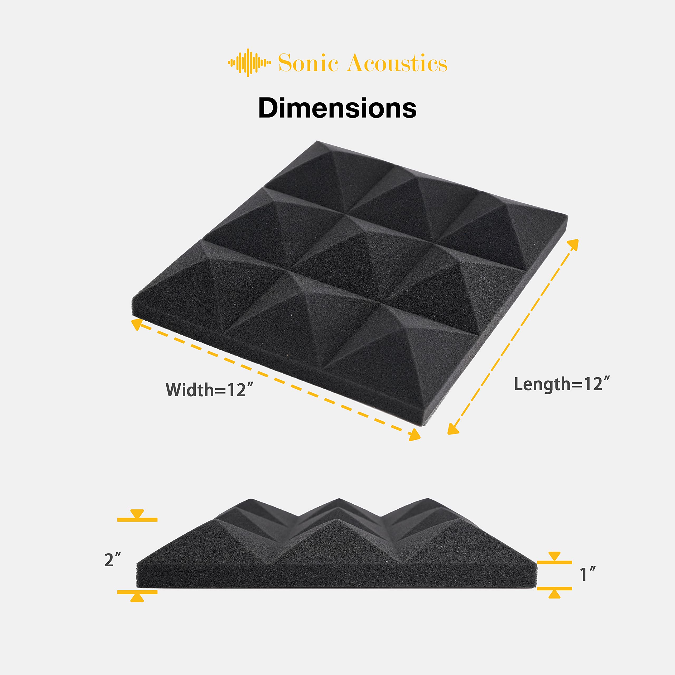 Sonic Acoustics 2" X 12" X 12" Acoustic Foam Panels, Pyramid Recording Studio Wedge Tiles, Sound Panels, Sound Absorbing Panel, Soundproofing Isolation Treatment for Walls