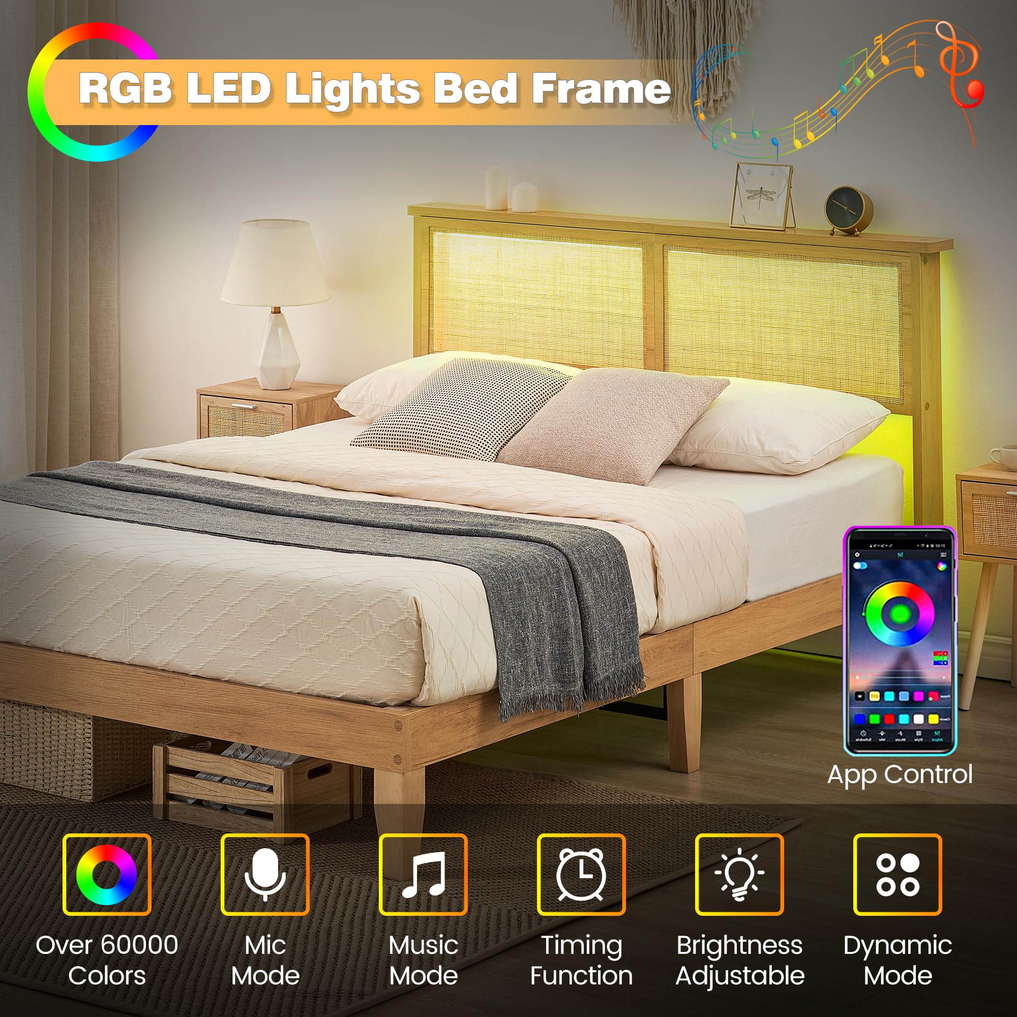 IDEALHOUSE Queen Bed Frame with Natural Rattan Headboard, Platform Bed Frame Queen Size with Storage Headboard, Mattress Foundation, Noise-Free, No Box Spring Needed