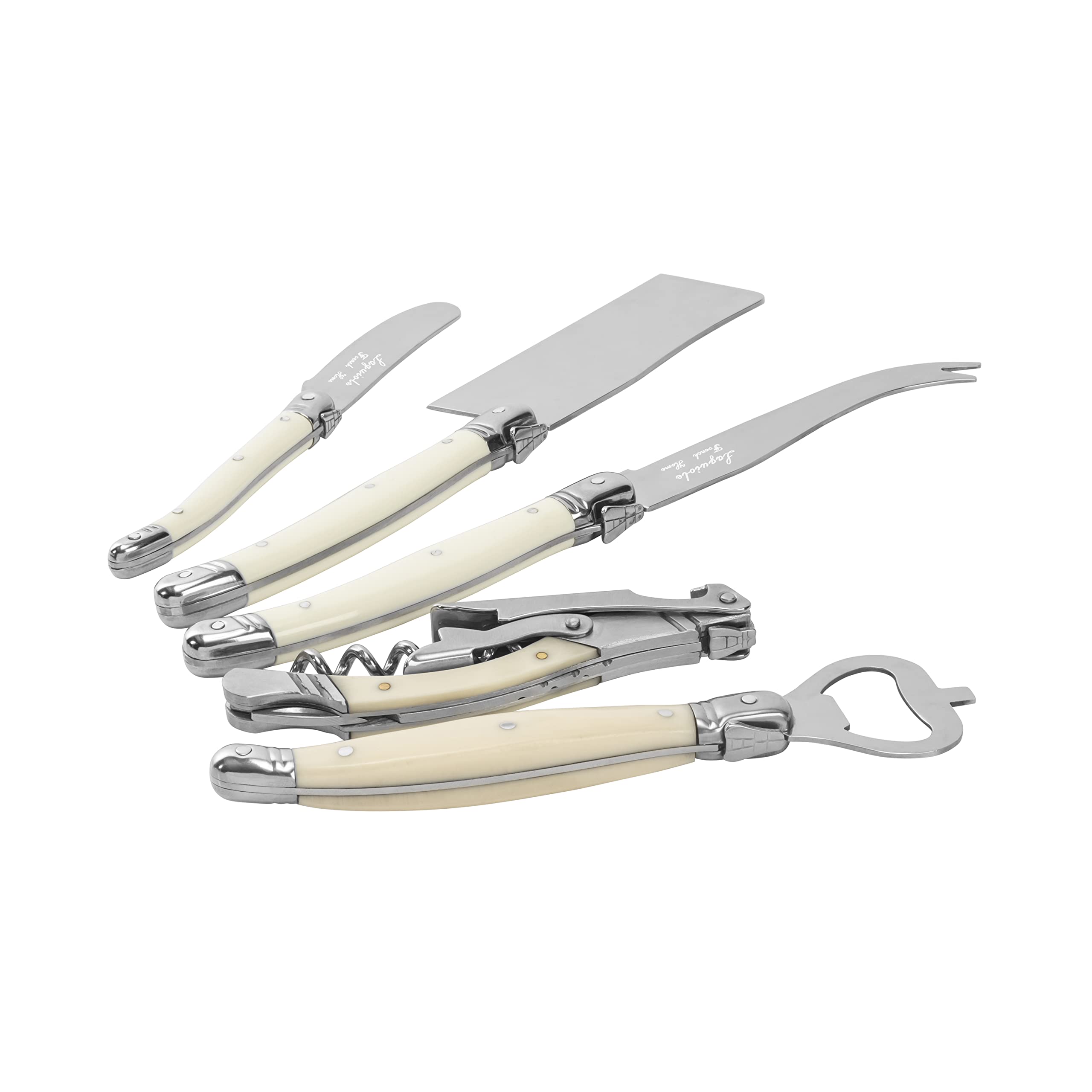 French Home Laguiole Serving Utensils Set of 5 β Kit w/Cleaver, Fork Tipped Spear, Spreader & Barware β Cheese Serving Utensils w/Faux Ivory Handles for Parties
