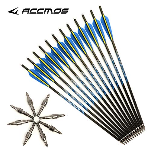 Crossbow Bolts 13 Inch Pure Carbon Crossbow Arrows for Hunting with 4" Feathers and 100 Grain Replacement Arrowheads for Archery Shooting Target Practice