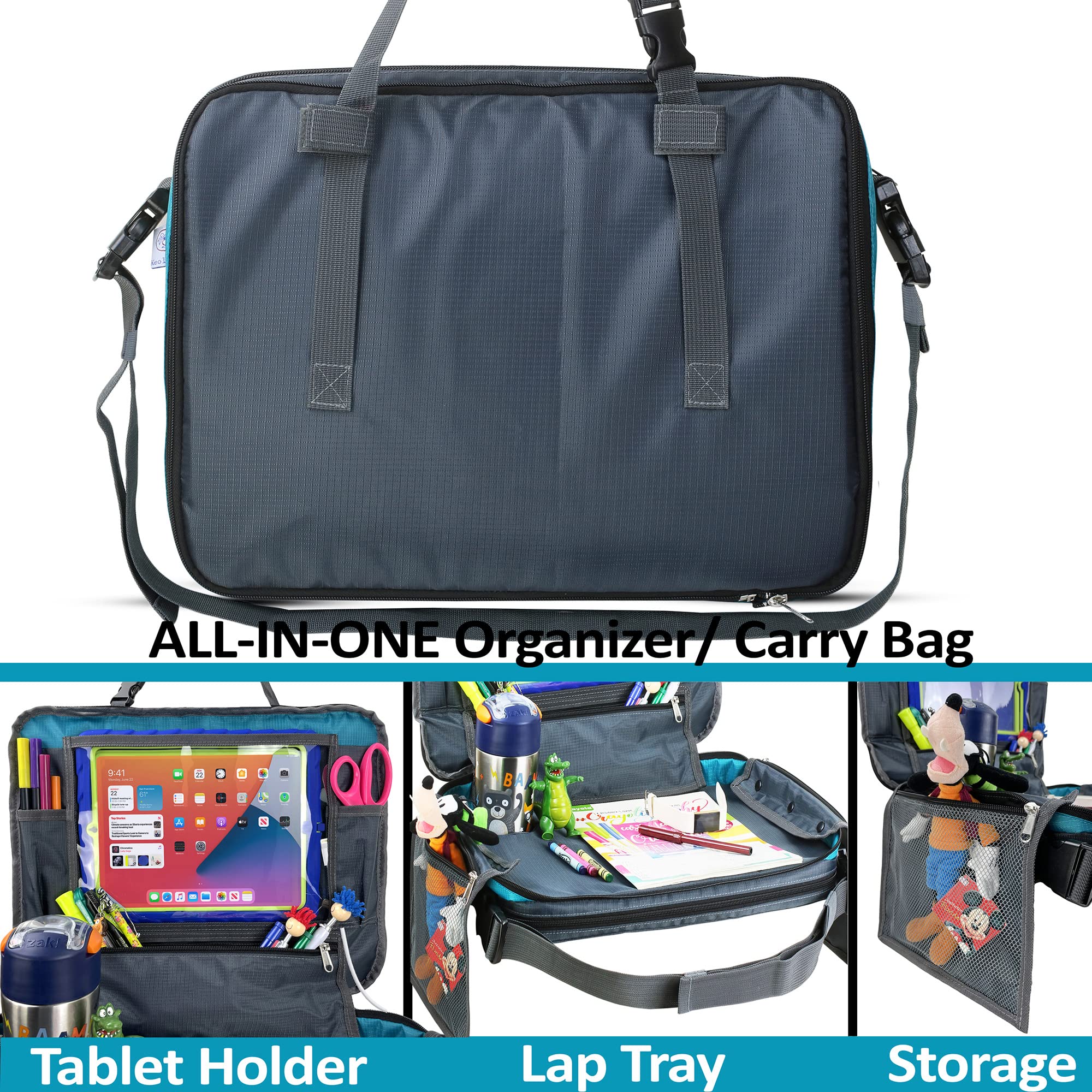 KeolaKids Kids Car and Booster Seat Travel Tray Organizer with Detachable Top, Lap Tray, Updated Headrest Straps, Zippered Storage, Tablet holder with Charger Openings (Blue)