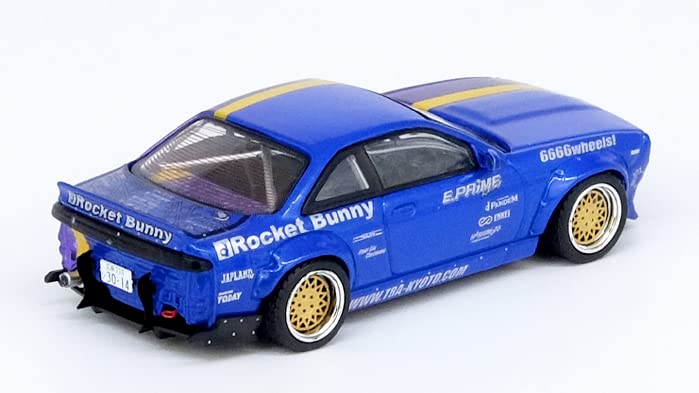 Inno Models Silvia (S14) RHD (Right Hand Drive) Blue and Purple Metallic with Yellow Stripe Tomonori Idekawa's Rocket Bunny Boss 1/64 Diecast Model Car IN64-S14B-TOMOSAN