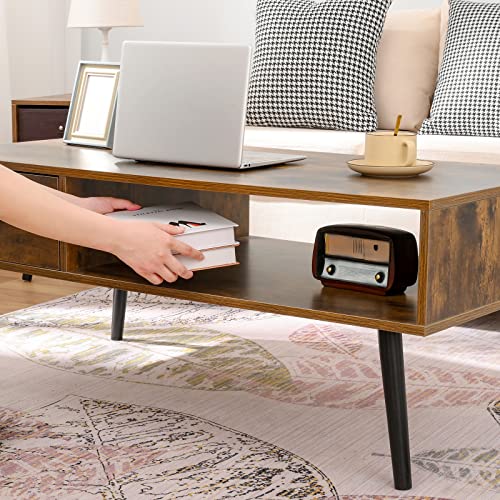 Iwell Mid Century Coffee Table with Drawer and Storage Shelf for Living Room, Wood Cocktail Table, Accent TV Table for Reception Room/Office, Easy to Assemble, Rustic Brown