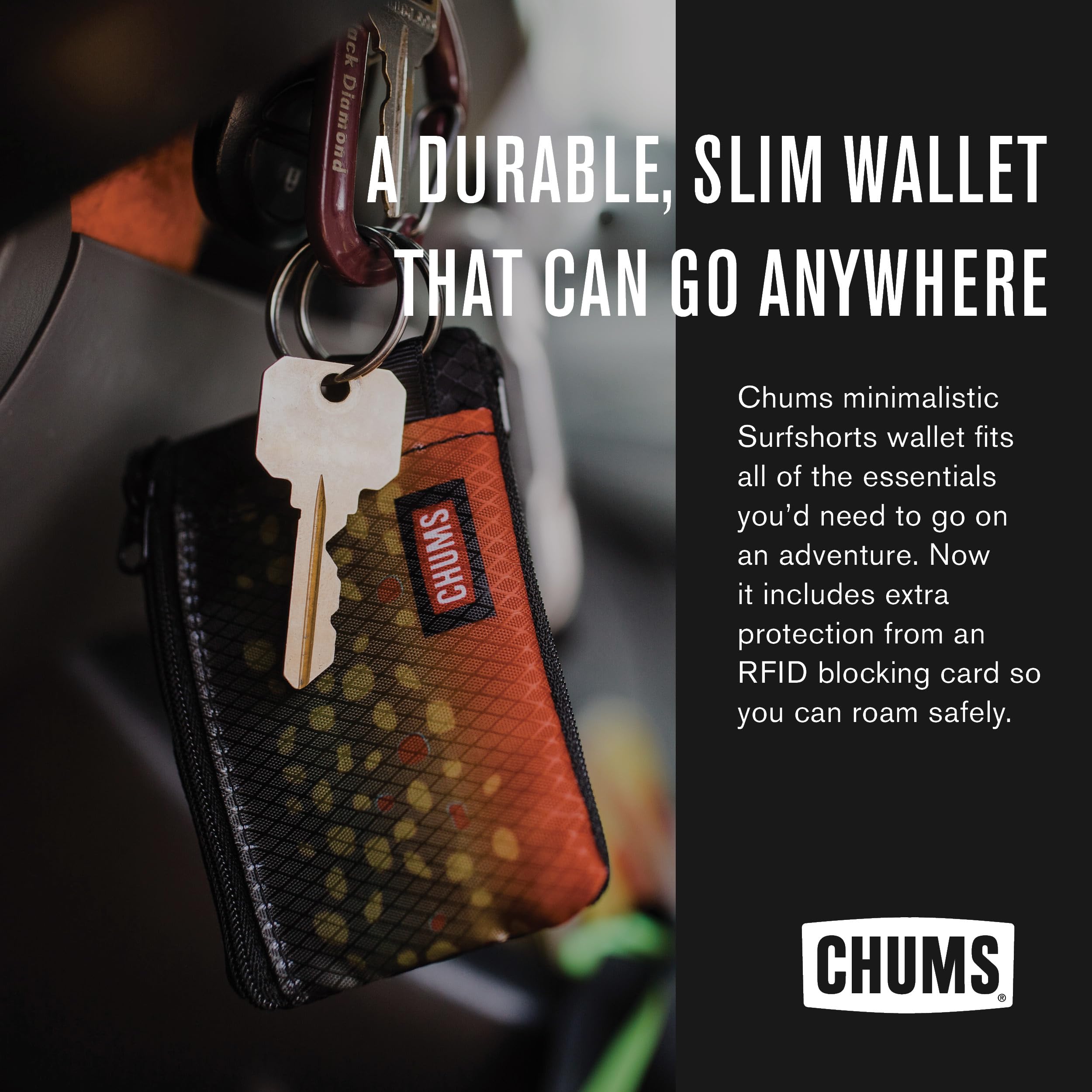 Chums Surfshorts Wallet - Lightweight Slim Wallet with RFID Blocking Card & Clear ID Window - Zippered, Water Resistant w/Key Ring (Tan)