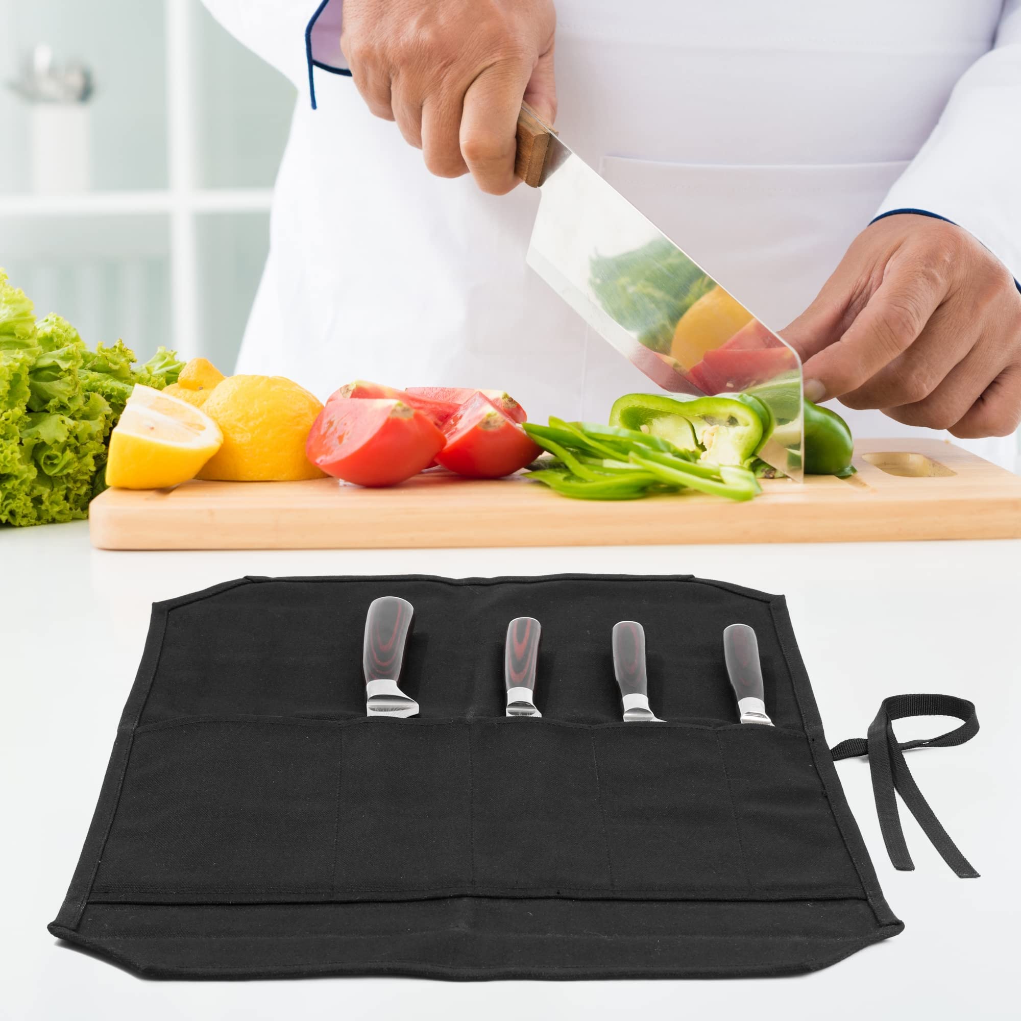 Chef Knife Roll Bag, Knife Bag with 5 Slots, Specialized Cut-Resistant Fabric Lining, Heavy Duty 16oz Waxed Canvas Knife Roll Case | Black | 21"L x 15.5"W