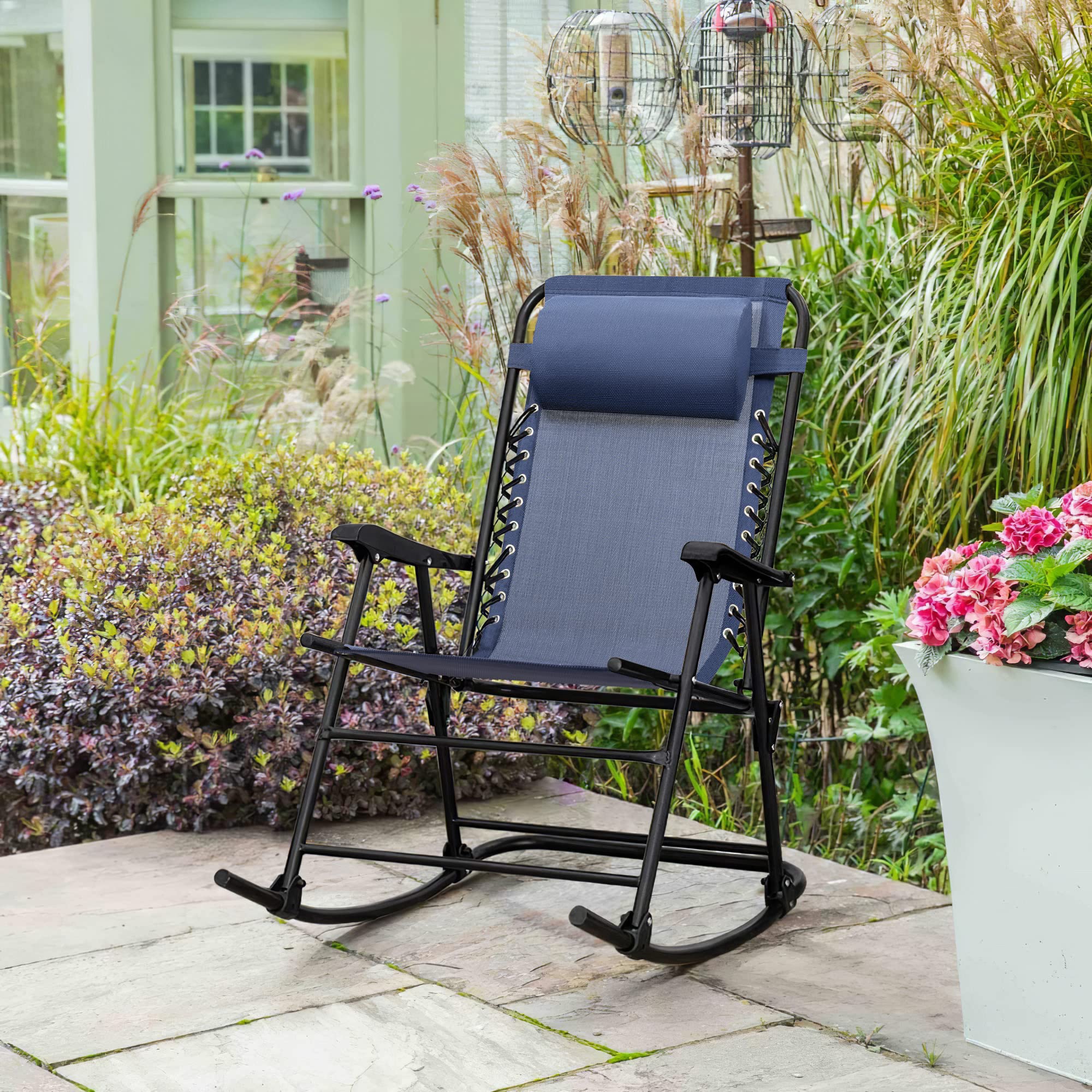 Flamaker Patio Rocking Chair Zero Gravity Chair Outdoor Folding Recliner Foldable Lounge Chair Outdoor Pool Chair for Patio, Poolside and Camping (Blue)