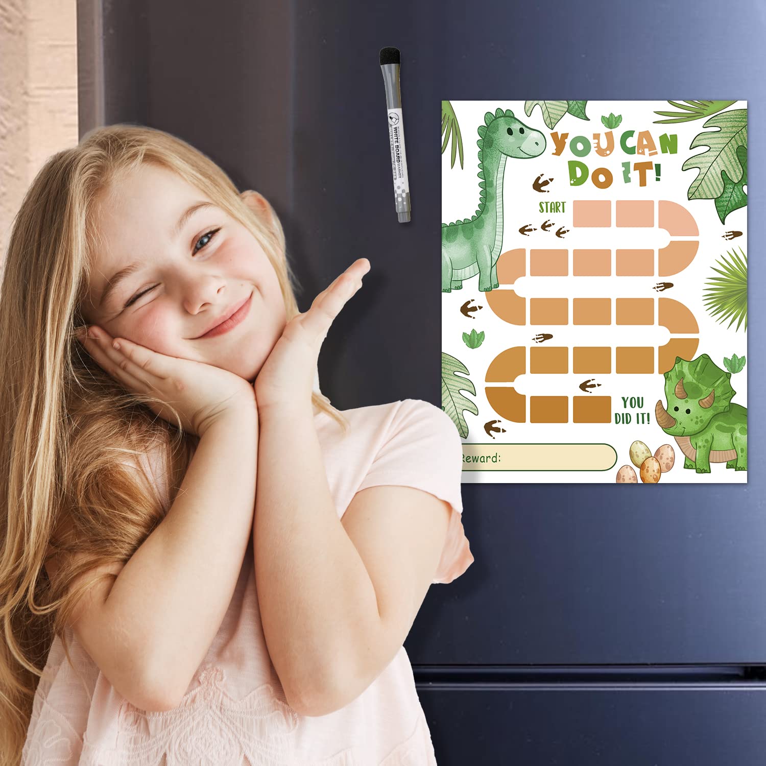 Dinosaur Magnetic Dry Erase Chore Chart for Kids, Good Behavior Chart for Kids at Home - Organizational Reward Planner - 8 x 10 inch Magnetic Reward Behavior Star Chore Chart