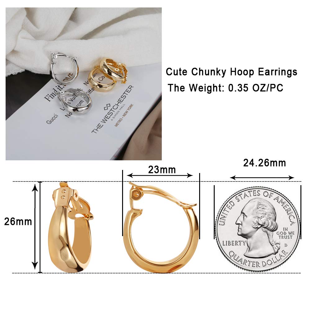 Chunky Gold Clip on Hoop Earrings for Women, 14k Gold Plated Hoops Earring Jewelry