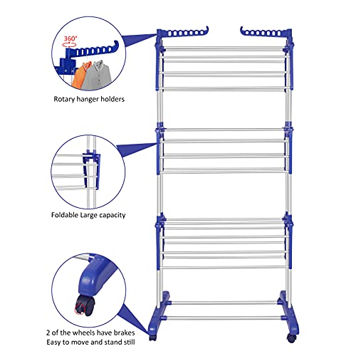 innotic Clothes Drying Rack, Stainless Steel Oversized 4-Tier Collapsible Rolling Drying Rack Clothing Folding Laundry Drying Rack Stand Indoor/Outdoor with Side Wings and Casters Gray Blue