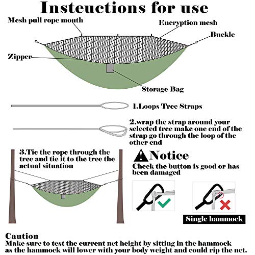 Camping Hammock, Double & Single Hammock with Bug Net/Mosquito, with Travel Portable Tree Straps and Carabiners, Easy Assembly, Lightweight Parachute Nylon Hammocks for Backpacking, Beach, Hiking