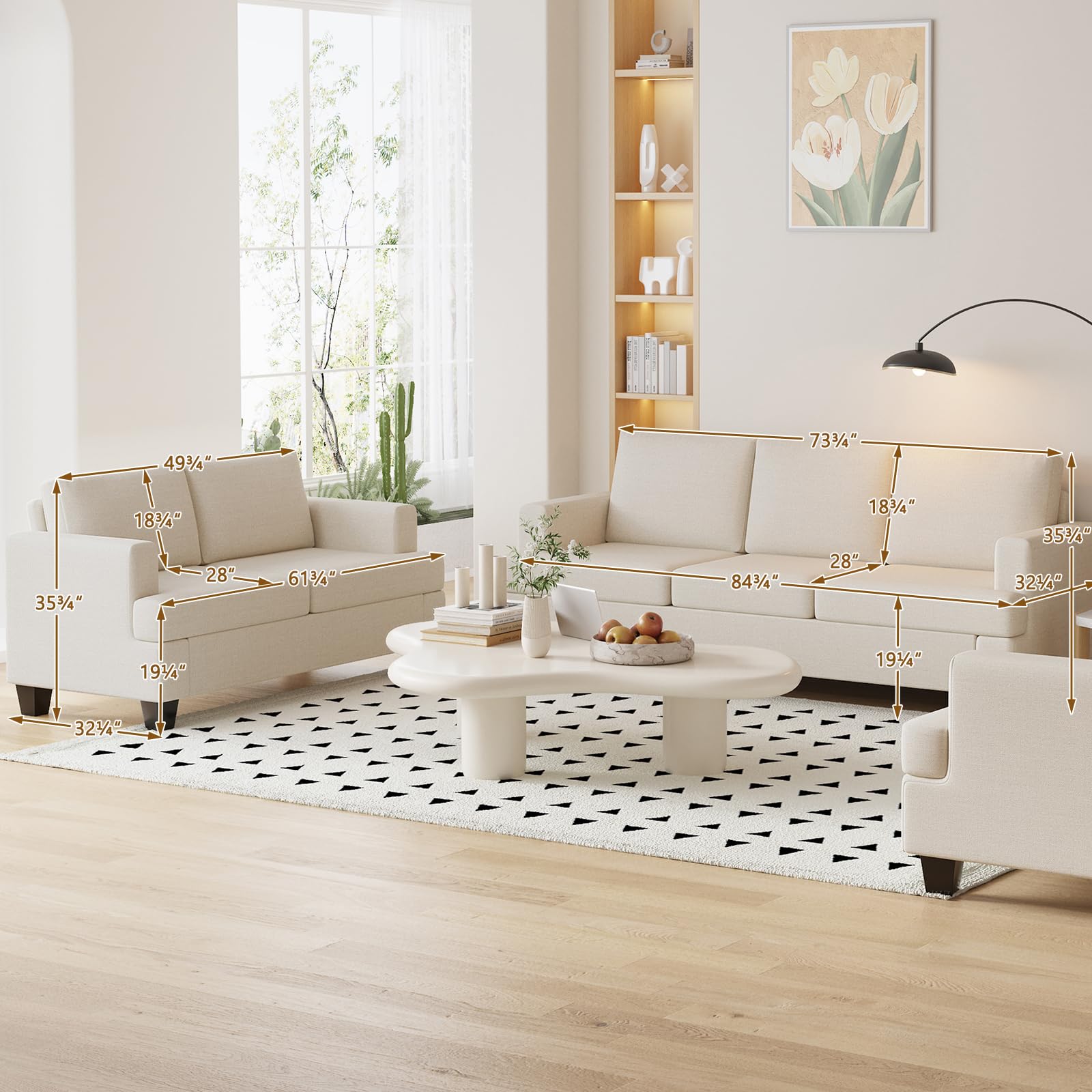 Furnimart Sectional Couches for Living Room, Modern Loveseat and 3 Seater Couch, Deep Seat Sofa Set, Beige Linen Sectional Sofa Cream Couch, Comfy Fluffy Couch with Removable Sofa Cover