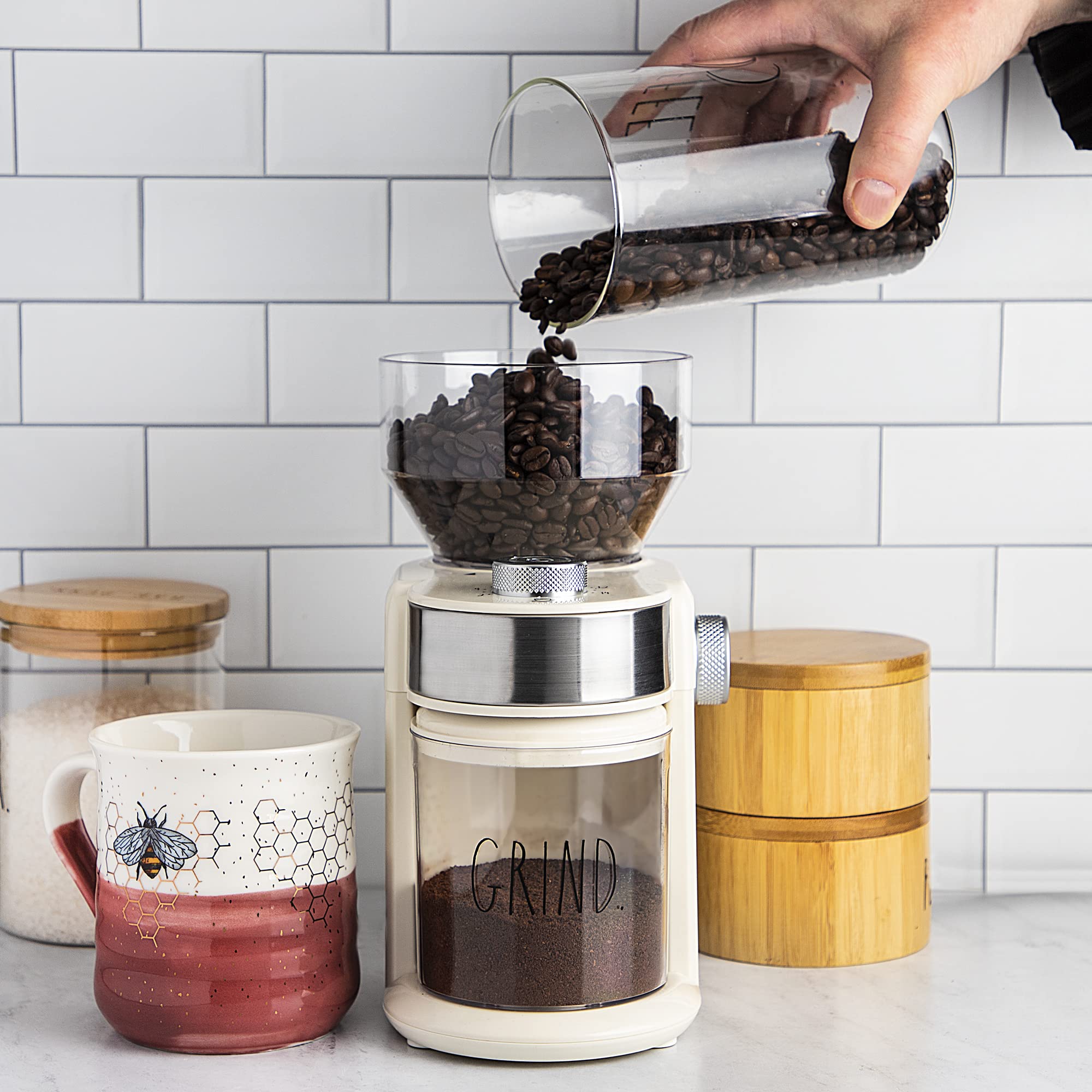Coffee Grinder, Electric Burr Coffee Grinder, Grinder for Coffee, French Press, Espresso, and Drip Coffee 18 Grinding Settings, Electric Coffee Grinder Labeled "GRIND" in Cream by Rae Dunn