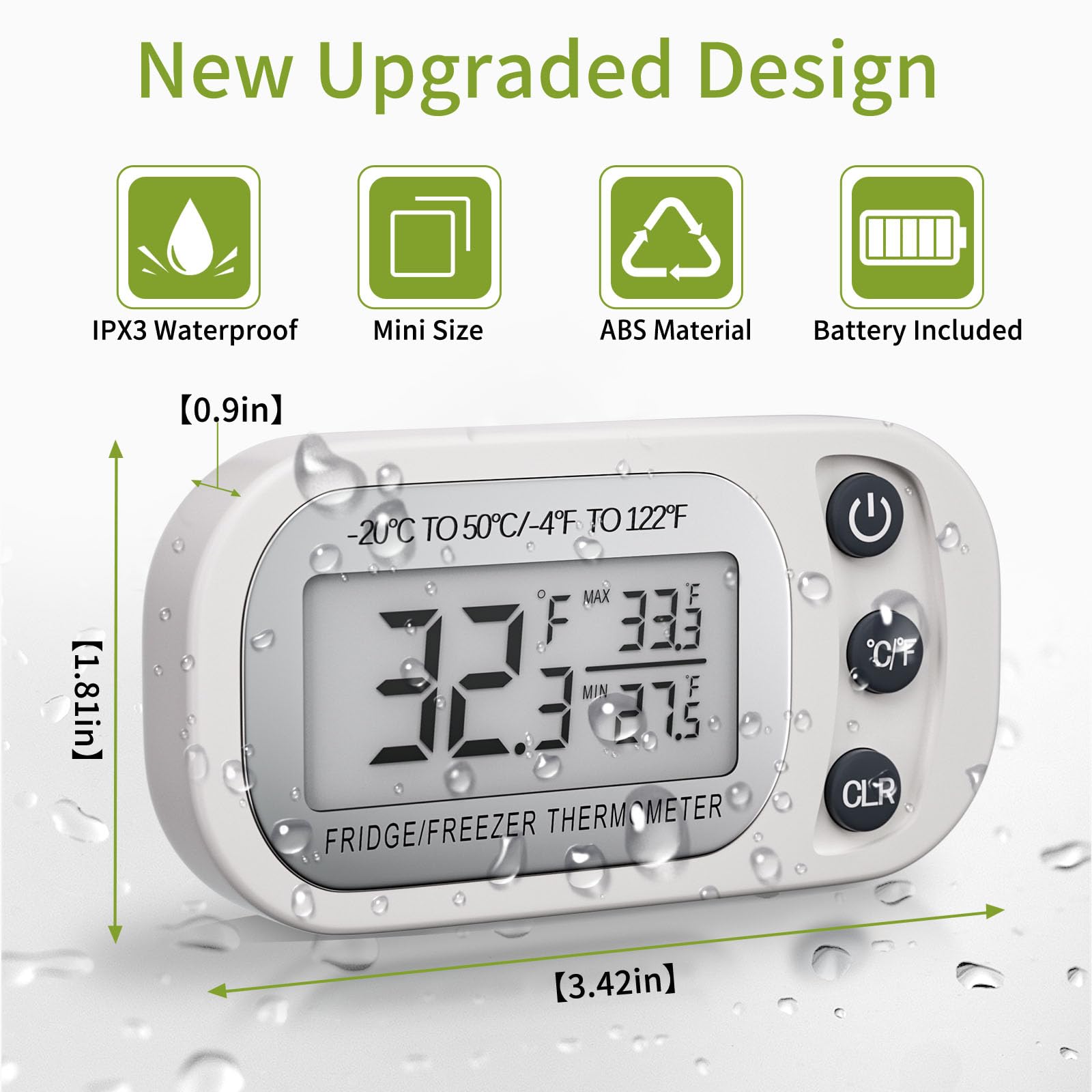 FAHZON Digital Frigerator Thermometer 2 Pack, Waterproof Fridge and Freezer Thermometer, Thermometer Refrigerator with Large LCD Screen, Stand and Magnetic Back, for Room,Kitchen, White