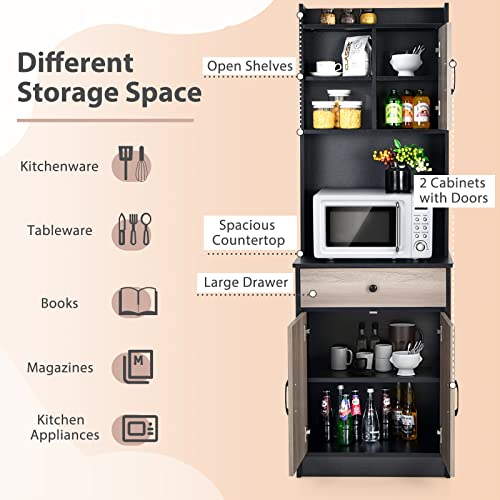 COSTWAY Kitchen Pantry Storage Cabinet, 71” Tall Buffet Hutch Cabinet with Microwave Stand, Adjustable Shelves, Drawer, Freestanding Buffet Cabinet with Storage for Dining Room, Home, Black