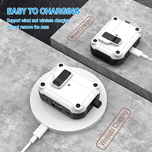 R-fun Airpods Pro 2nd Generation/1st Generation Case Cover with Automatic Snap Switch, Secure Lock Clip Super Protective for Airpods Pro Case (2019/2022) with Keychain for Men Women,White