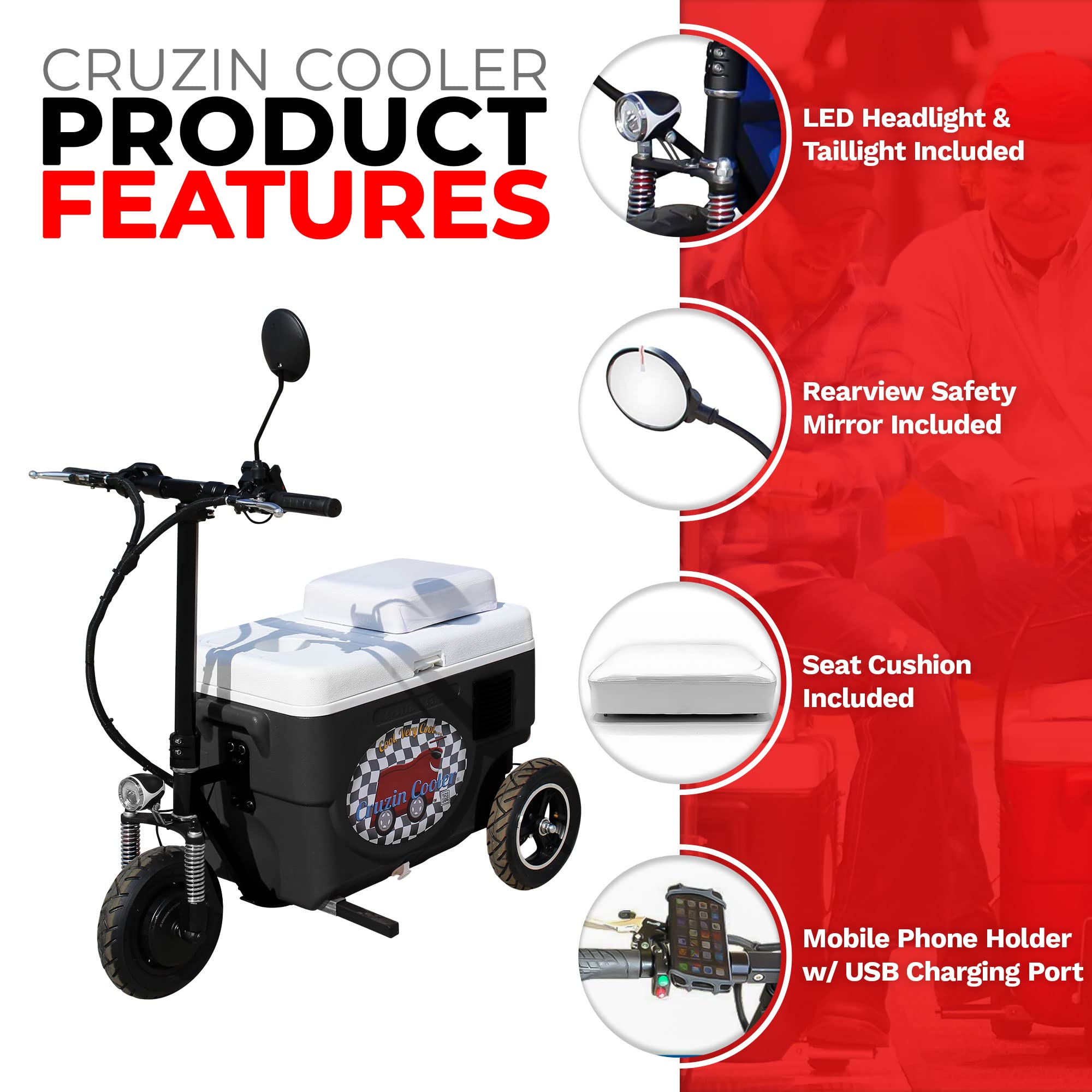 Cruzin Cooler CZ-HB Sport-X Black Motorized Ice Chest Scooter with 2 Rear Tires