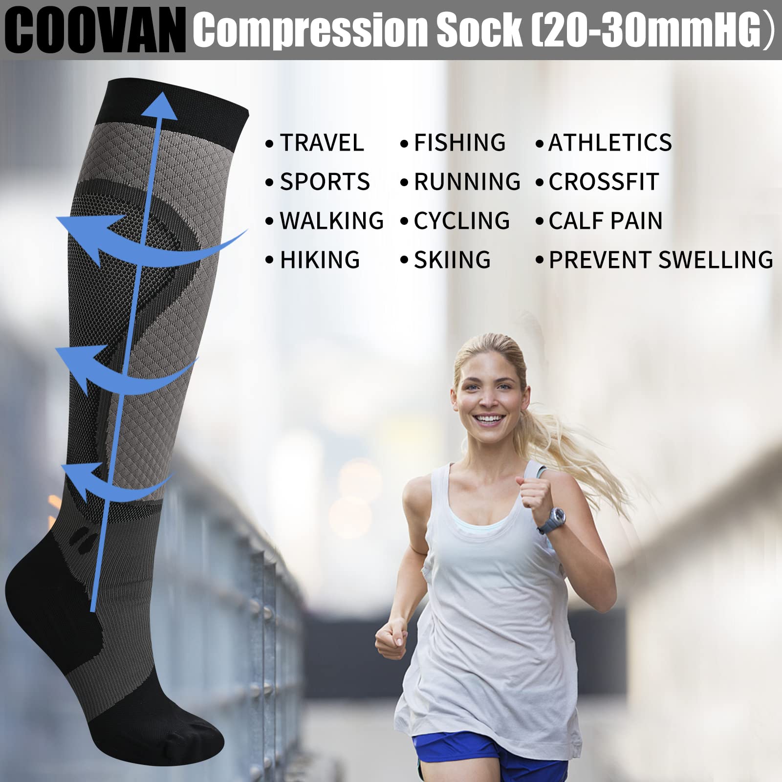 COOVAN Compression Socks for Men and Women 20-30 mmHg Knee High Compression Stockings Running Support Socks
