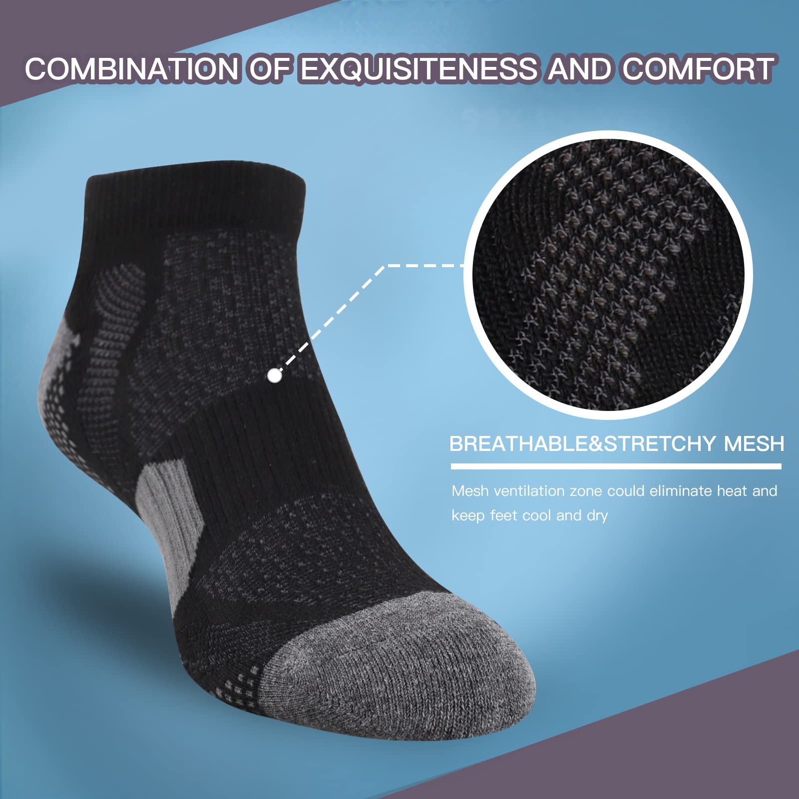 COOVAN Mens Ankle Socks 6 Pairs Athletic Running Cushion Socks for Men