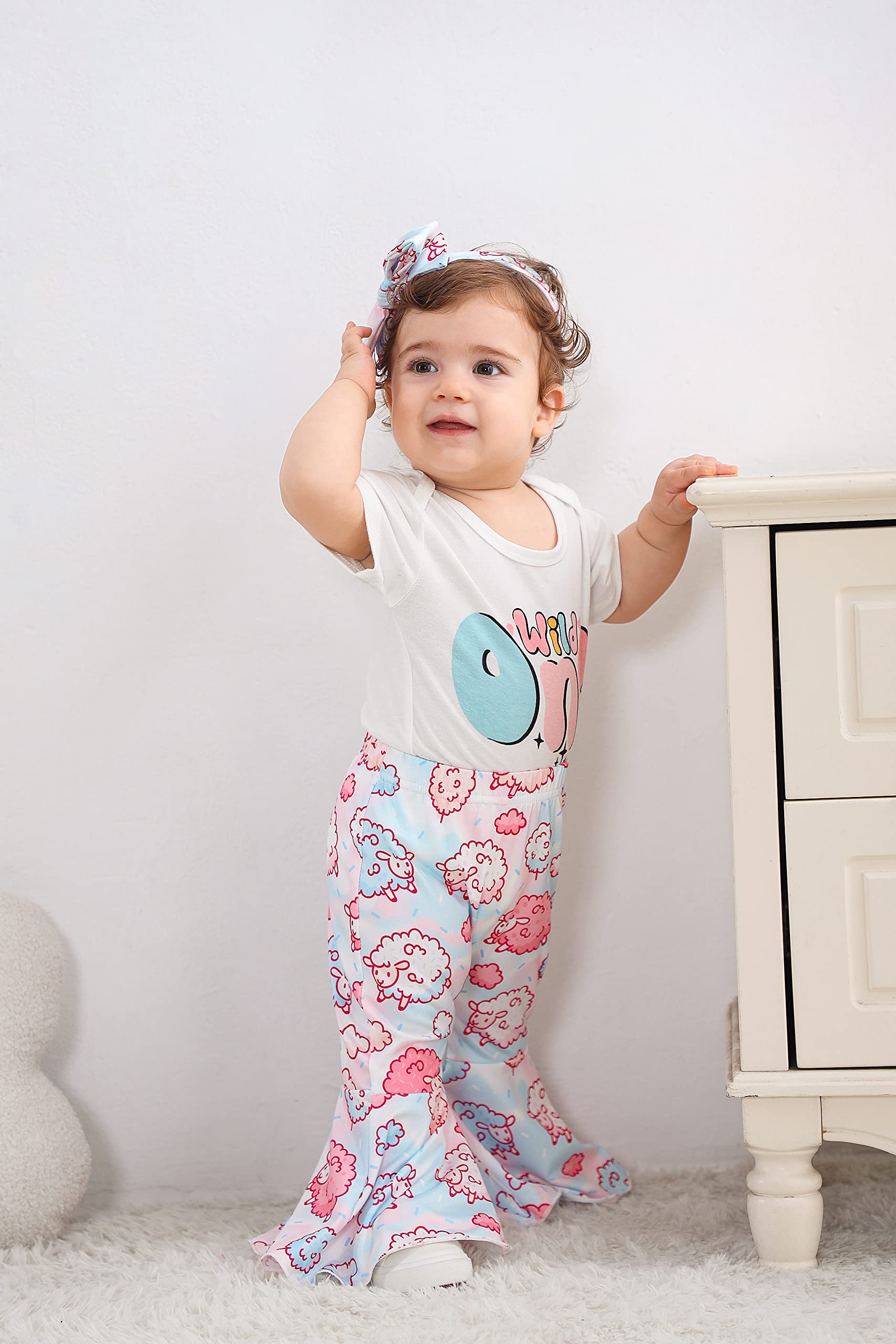 Cacacece Newborn Baby Girl Outfits Clothes Infant Short Sleeve Romper Flared Pants Headband Set 3pcs 6-12 Months