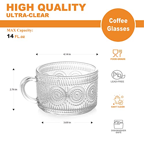 LUXU Vintage Glass Coffee Mugs 14oz Set of 4 Clear Glass Tea Cups,Stackable Glass Coffee Cups,Cute Coffee Bar Accessories,Iced Coffee Glasses,Clear Embossed Glass Cups for Cappuccino,Latte,Beverages