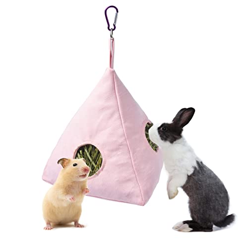 Rabbit Hay Feeder Bag,Bunny Hay Feeder Bag, Guinea Pigs Feeder Bag, Hanging Soft Burlap Feeder Bag with 3 Holes for Rabbit, Bunny, Guinea Pigs ,Hamster and Other Similar Size Animals (Pink)