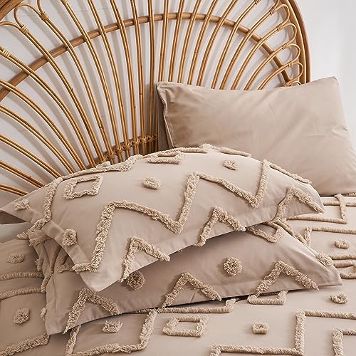 inron Khaki Queen Comforter Set Tufted Bed in a Bag Queen 7 Pieces,Geometry Shabby Chic Boho Comforter and Sheet Set.Jacquard Farmhouse Bedding for All Season(Khaki,90β*90β)
