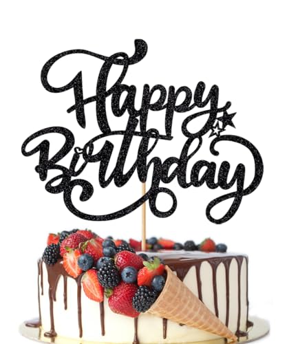 Crseniny Happy Birthday Cake Topper,Black Glitter Birthday Sign Cake Decorations，Anniversary Party/Birthday Party Decoration Supplies(Black)