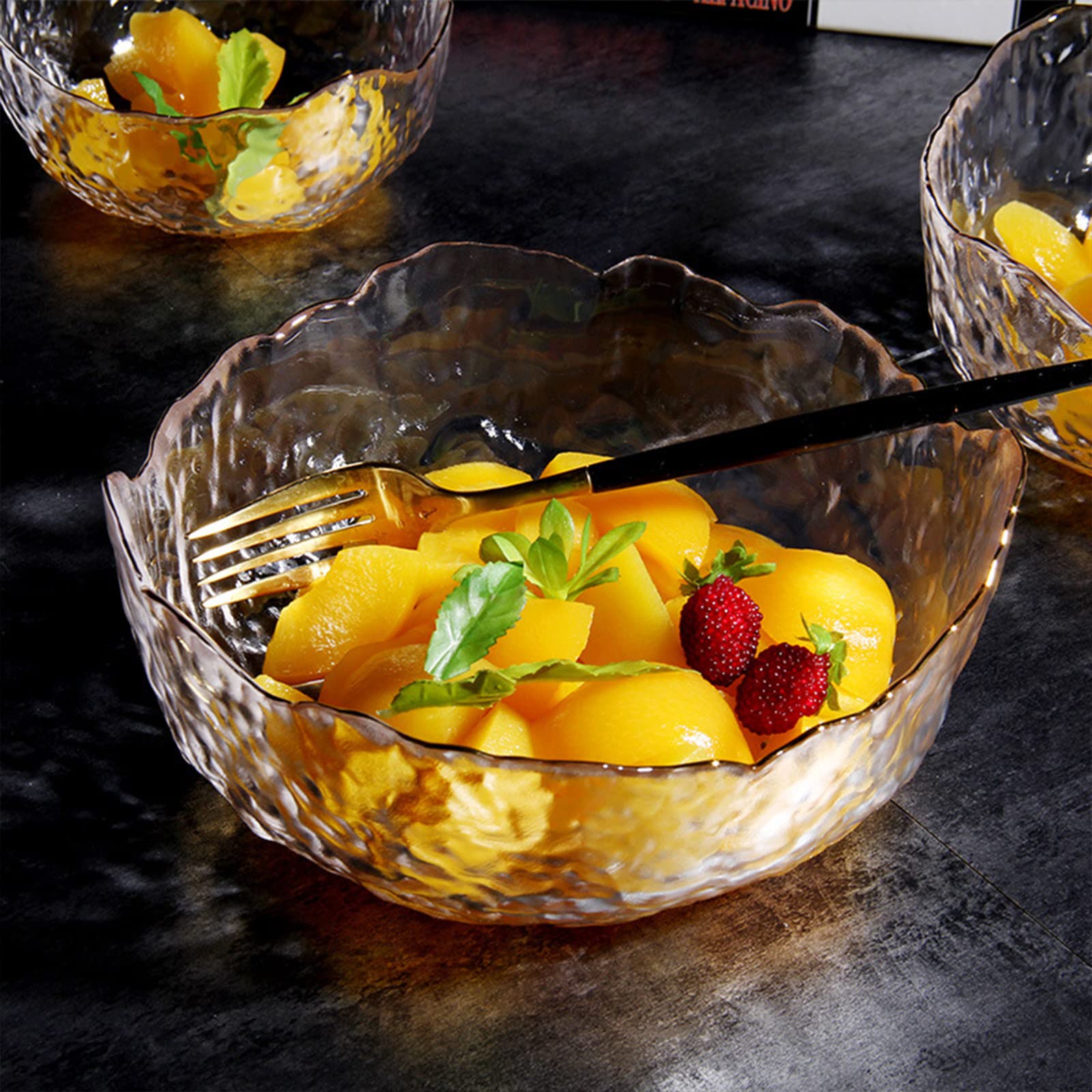 DEDEMCO 3 PCS Glass Salad Bowl,Phnom Penh Mixing Bowls,Crystal Bowls Irregular Shape Serving Bowls,Stackable Dessert Bowls for Kitchen Prep Fruit Pasta,300ml,750ml,1050ml