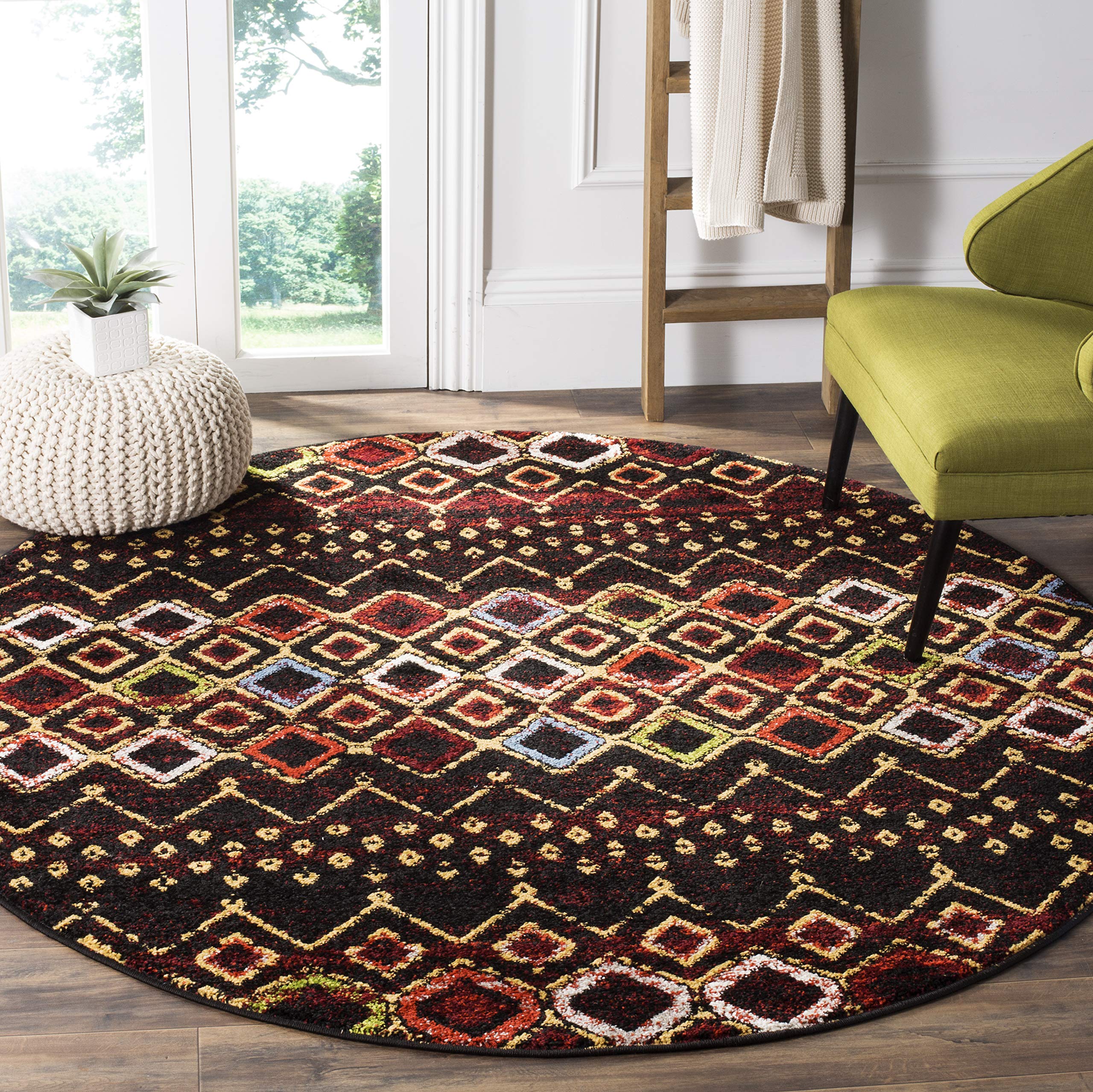 SAFAVIEH Amsterdam Collection 3' Round Black/Multi AMS108P Moroccan Boho Non-Shedding Dining Room Entryway Foyer Living Room Bedroom Area Rug