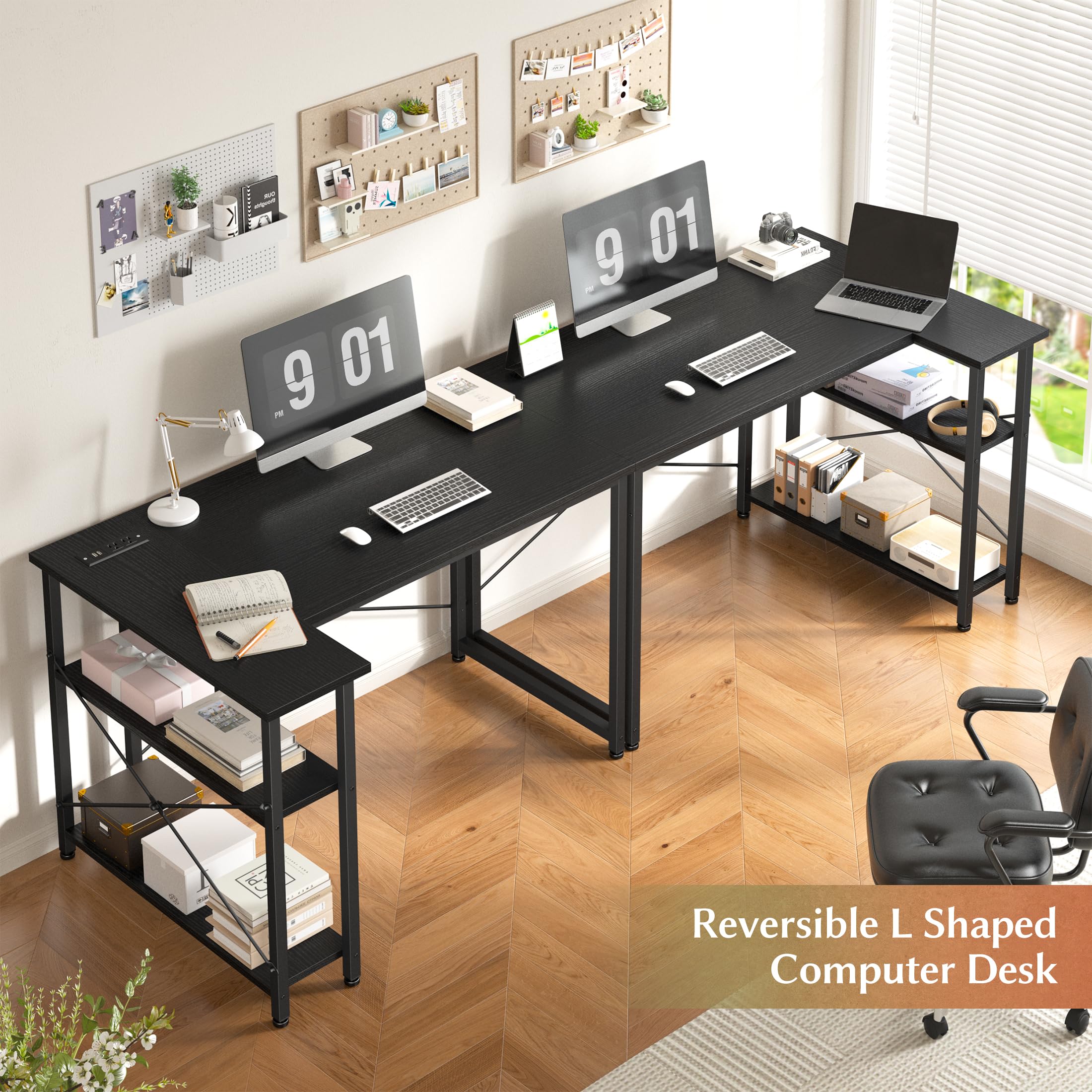 EnHomee L Shaped Computer Desk with File Drawer & Power Outlet, 40" Computer Desk with Storage Bag and Reversible Shelves, Home Office Desk Corner Table for Work, Writing and Study, Black