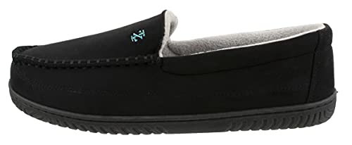 IZOD Men's Classic Two-Tone Moccasin Slipper, Winter Warm Slippers with Memory Foam, Size 13-14, Solid Black