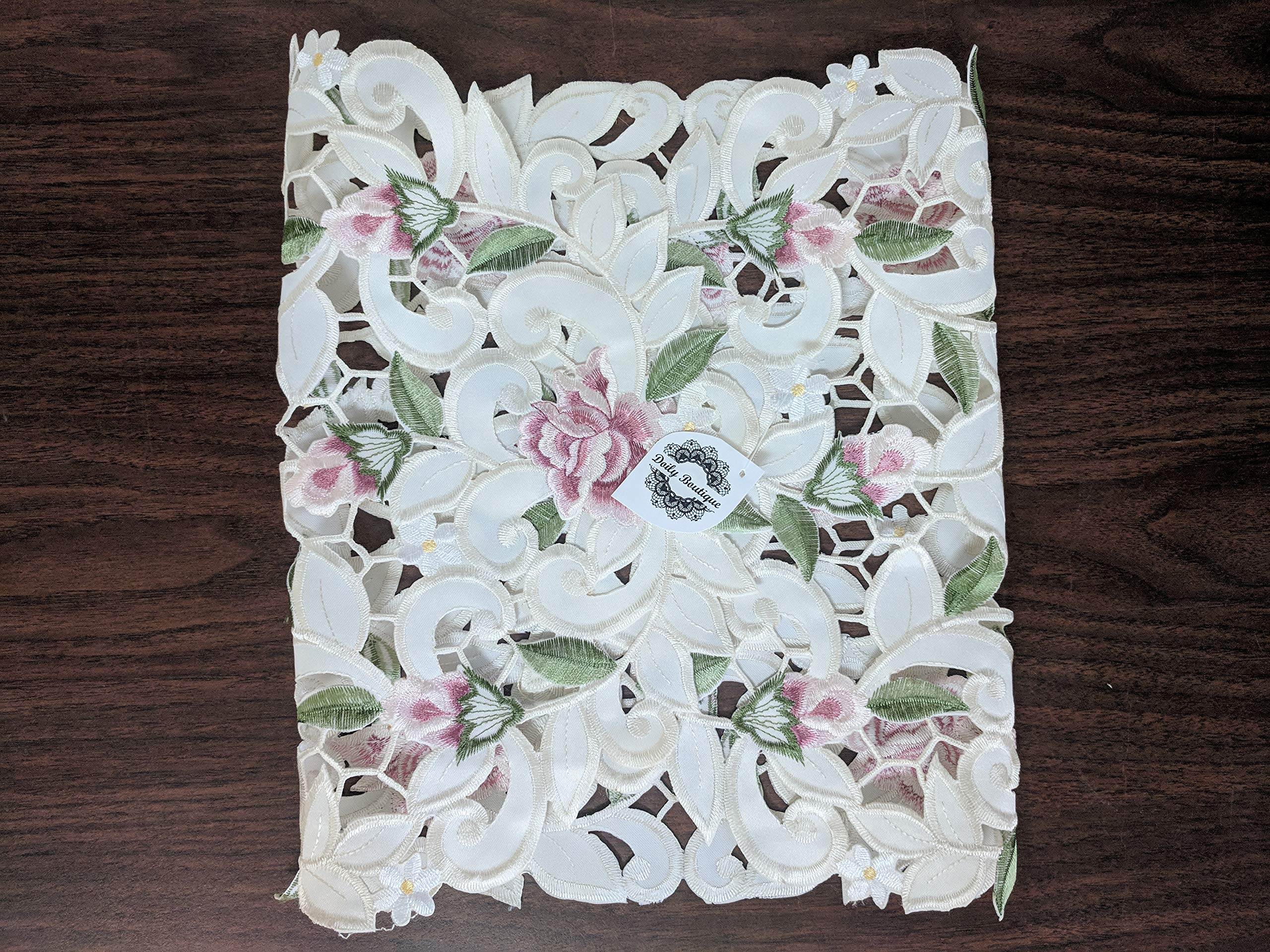 Doily Boutique Place Mat or Doily with a Light Pink Cutwork Rose, Size 11 x 17 inches