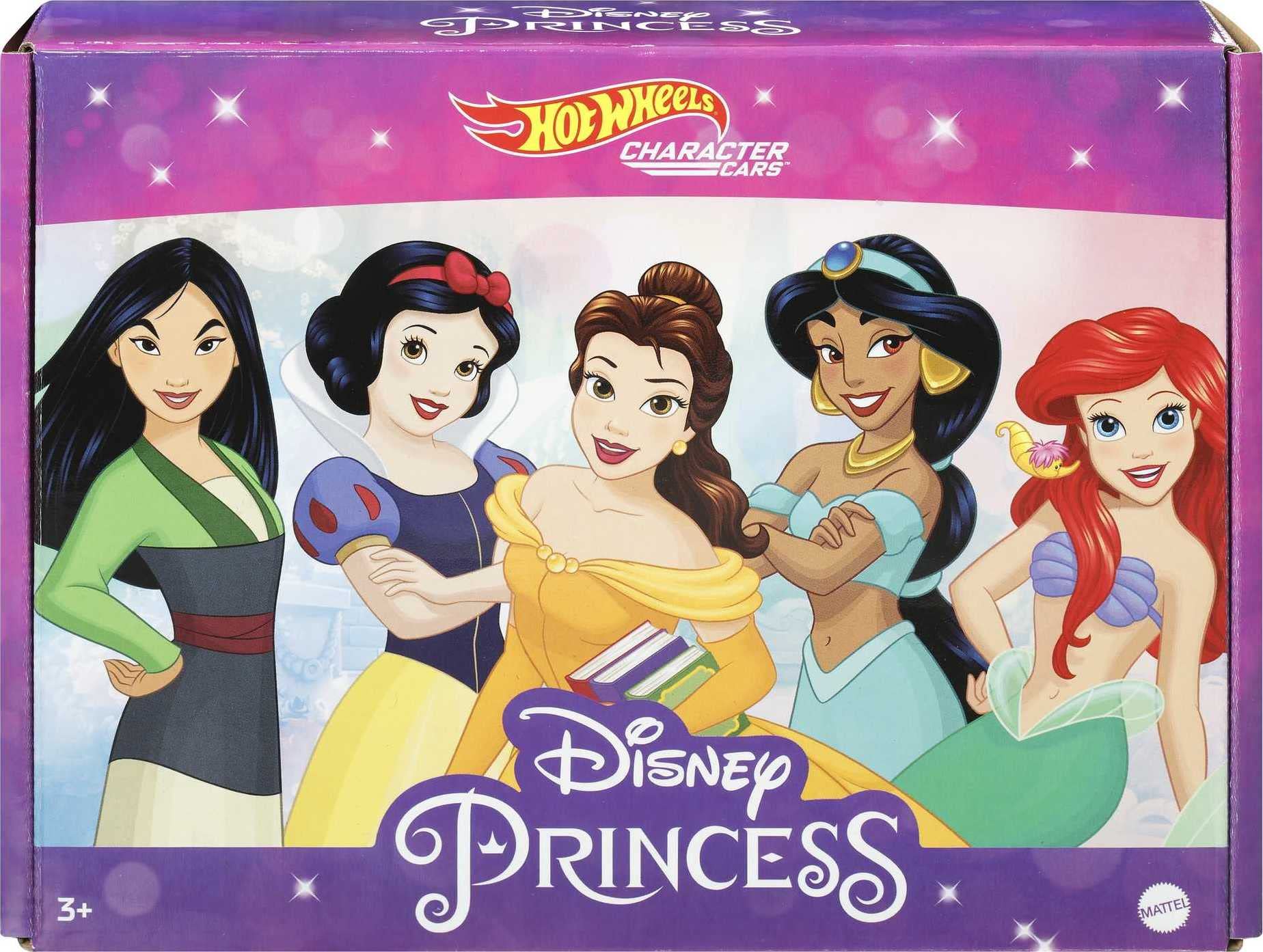 Hot Wheels Disney Princess Character Car 5-Pack, 5 Toy Cars in 1:64 Scale: Mulan, Snow White, Belle, Jasmine & Ariel