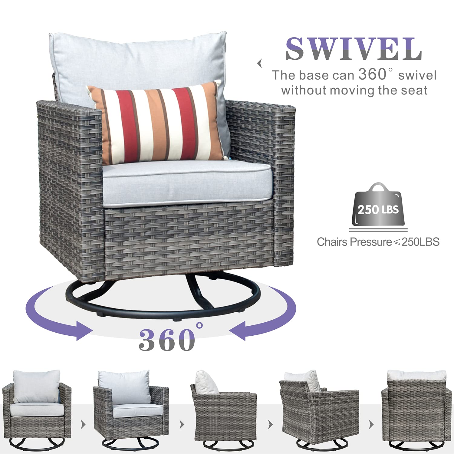 XIZZI Outdoor Furniture Patio Sectional Sofa Swivel Rocking Chairs 8 Piece All Weather PE Rattan Wicker Conversation Sets with Coffee and Side Table for Backyard Deck Garden,Grey