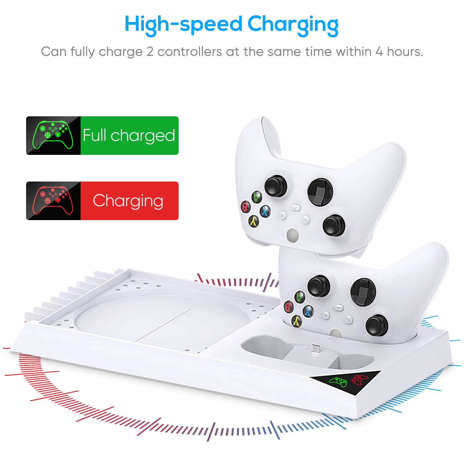 Vertical Cooling Stand for Xbox Series X, Dual Controller Charging Dock Station for Xbox Series X Cooling Fan with 2 Pack 1400mAh Rechargeable Batteries, 10 Games Storage and Headset Stand, White