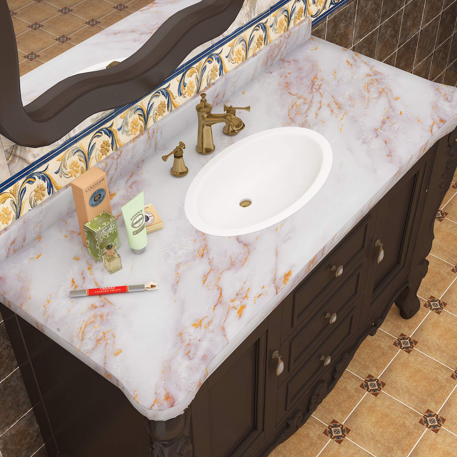Livelynine Gold Marble Contact Paper Peel and Stick Countertops for Kitchen Table Desk Counter Top Covers Self Adhesive Wallpaper for Bathroom Sink Removable Waterproof 15.8x78.8 Inch