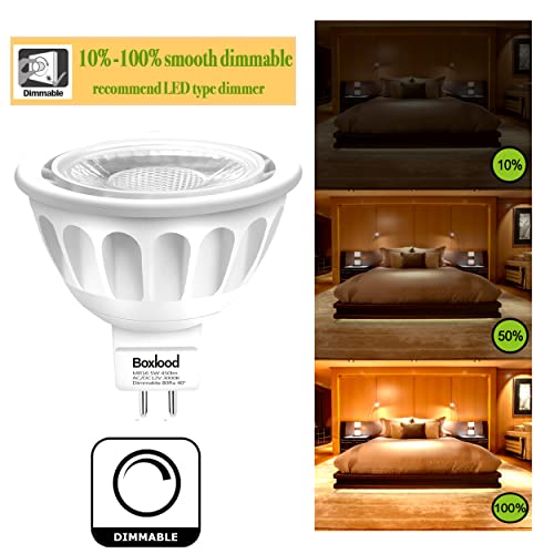 Boxlood Dimmable MR16 LED Bulbs,5-Watt(50-Watt Equivalent), 3000-Kelvin Warm White, DC12 Volt,10%-100% Dimming, Gu5.3 Bi-Pin Base, 40 Degree Beam Angle, Indoor/Outdoor Landscape Light Bulbs 10PACK