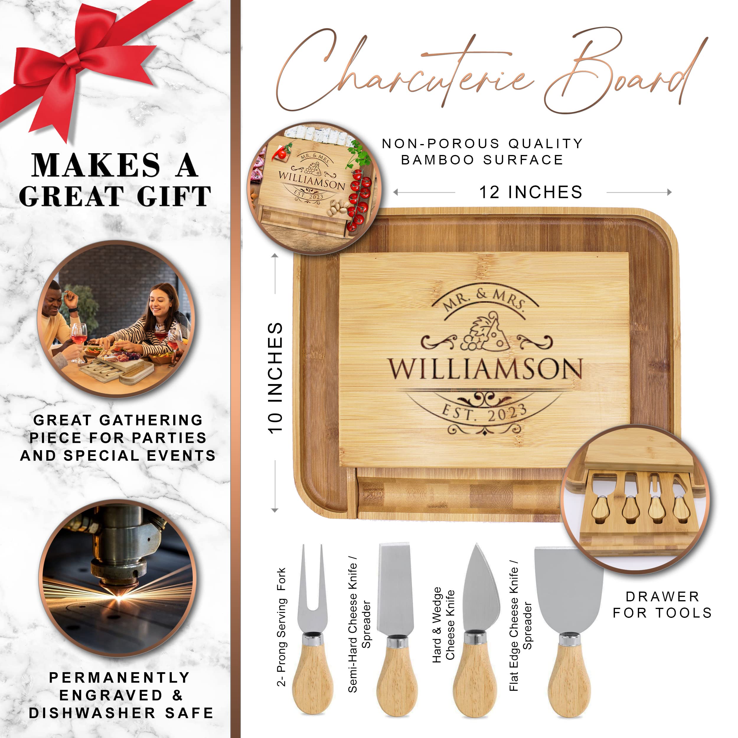 Customized Premium Charcuterie and Cheese Tray Serving Set with Spreader Utensil Tools for New Home, Anniversary or Wedding Gift for Couples
