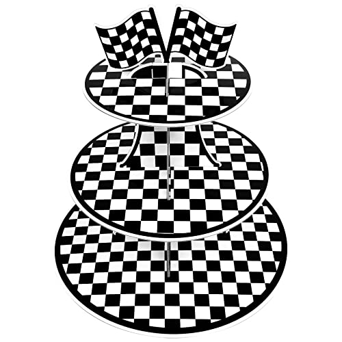 Racing Car Theme 3-Tier Round Cardboard Cupcake Stand for 8-12 Cupcakes Perfect for Racing Cars Birthday Party Supplies Black and White Checkered Party Decorations Let's Go Racing Car Party Decor