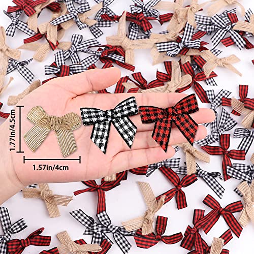JOICE 120pcs Christmas Mini Burlap Bow Buffalo Plaid Bow for Craft,White and Black Checkered Bows Red and Black Gingham Ribbon Bows Farmhouse Home Decoration for Christmas Tree Gift Decorations (3 Colors)