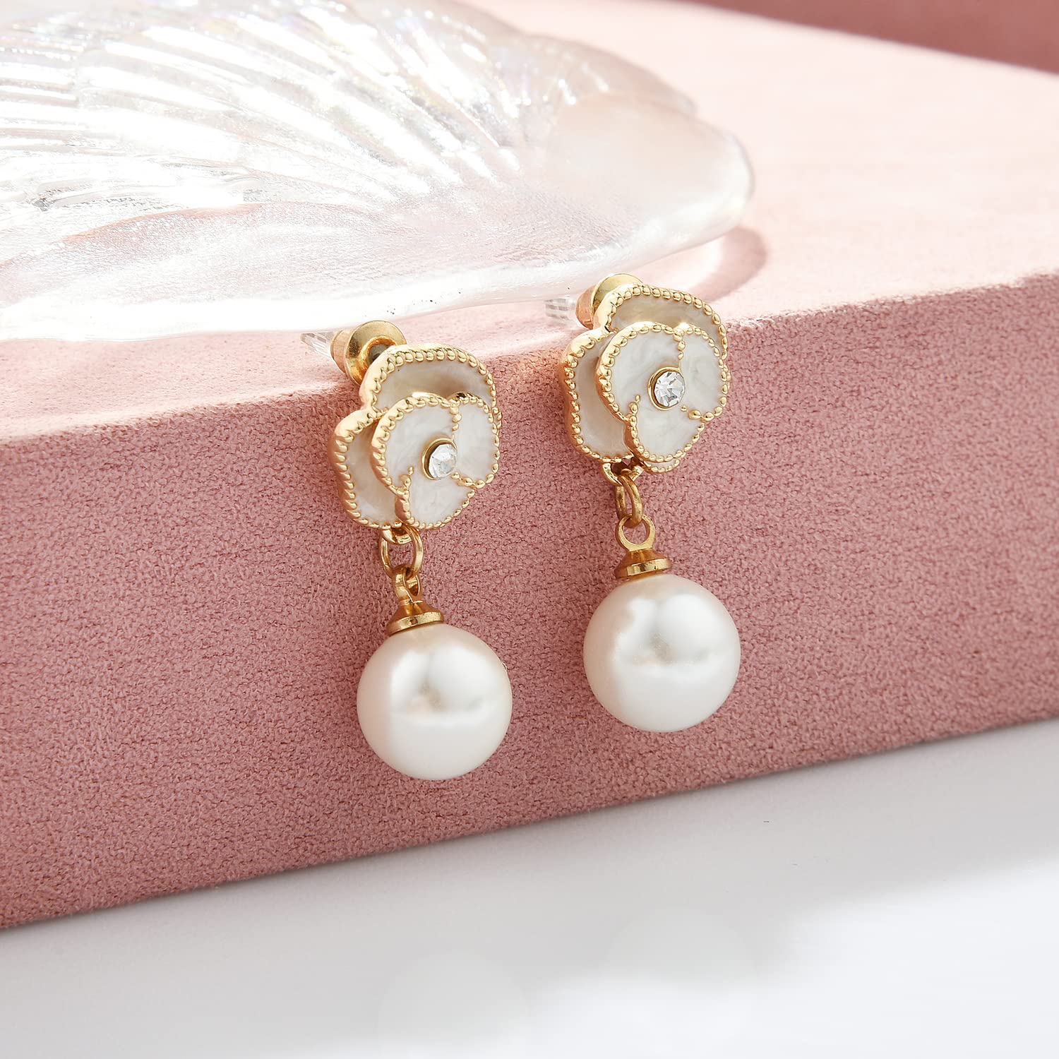Designer Faux Imitation Pearl Floral charm Dangle Drop Fashion Earrings Studs (White)