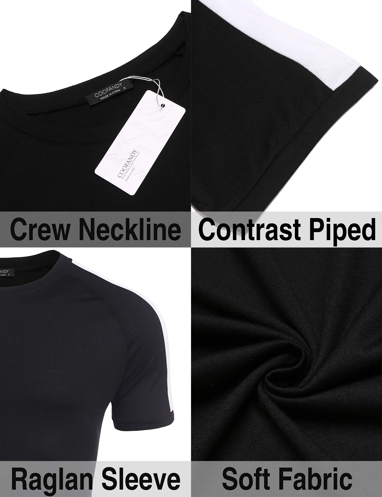 COOFANDY Men's Bodybuilding Muscle Raglan Short Sleeve Tee Slim Fit Gym T-Shirts Black M
