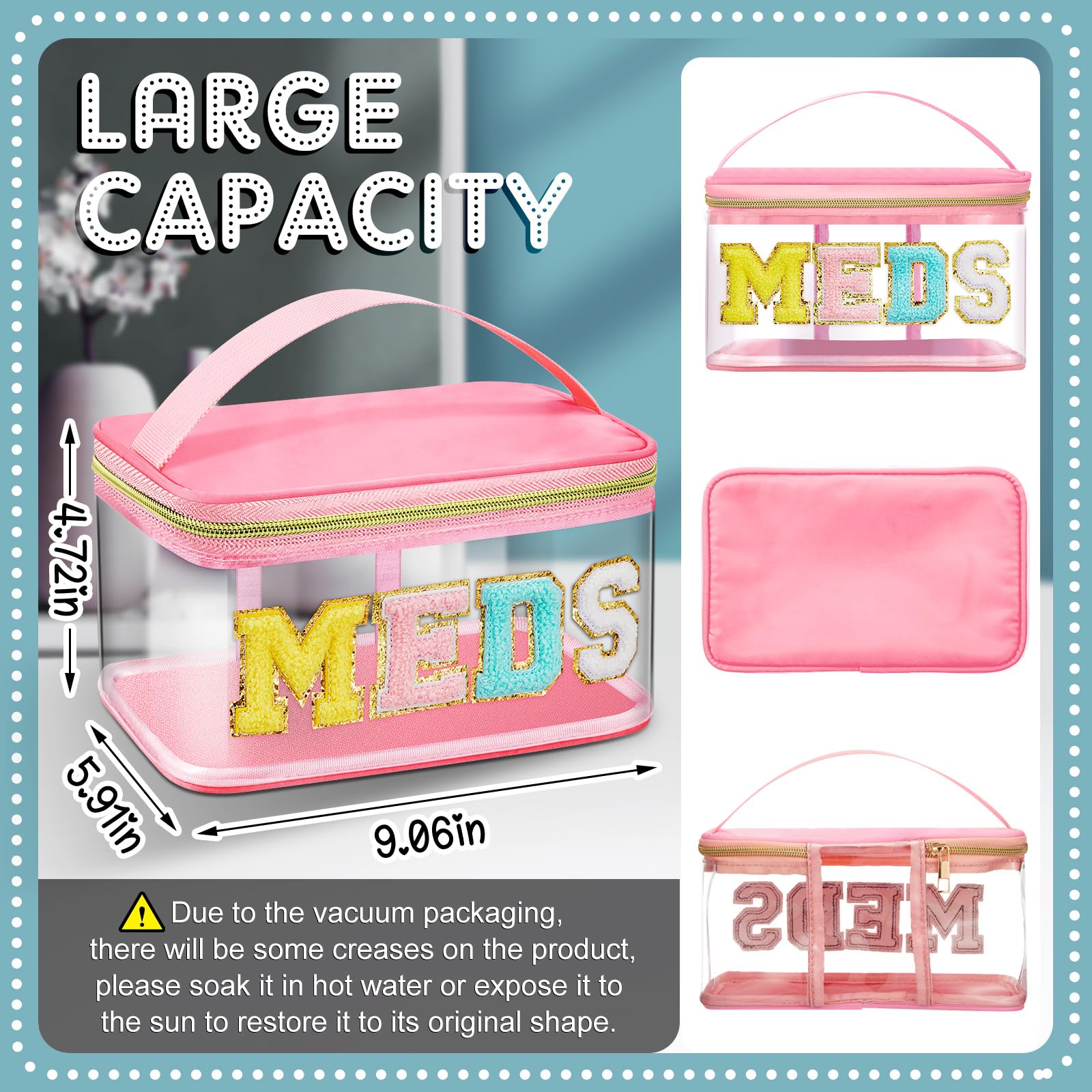 Chenille Letter Bag Nylon Makeup Bag Portable Bag Makeup Cases Preppy Patch Makeup Bag with Zipper Cosmetic Toiletry Storage Bag for Women Girls (Pink,Chic MEDS)